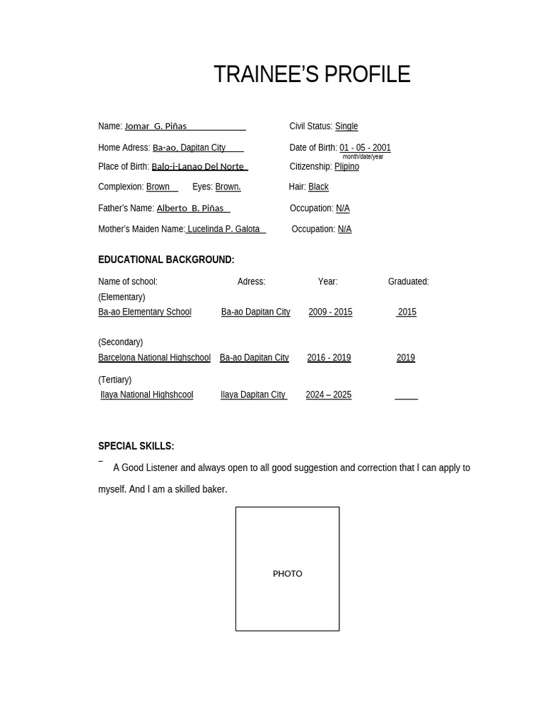 Trainee's Profile - 042107 | PDF