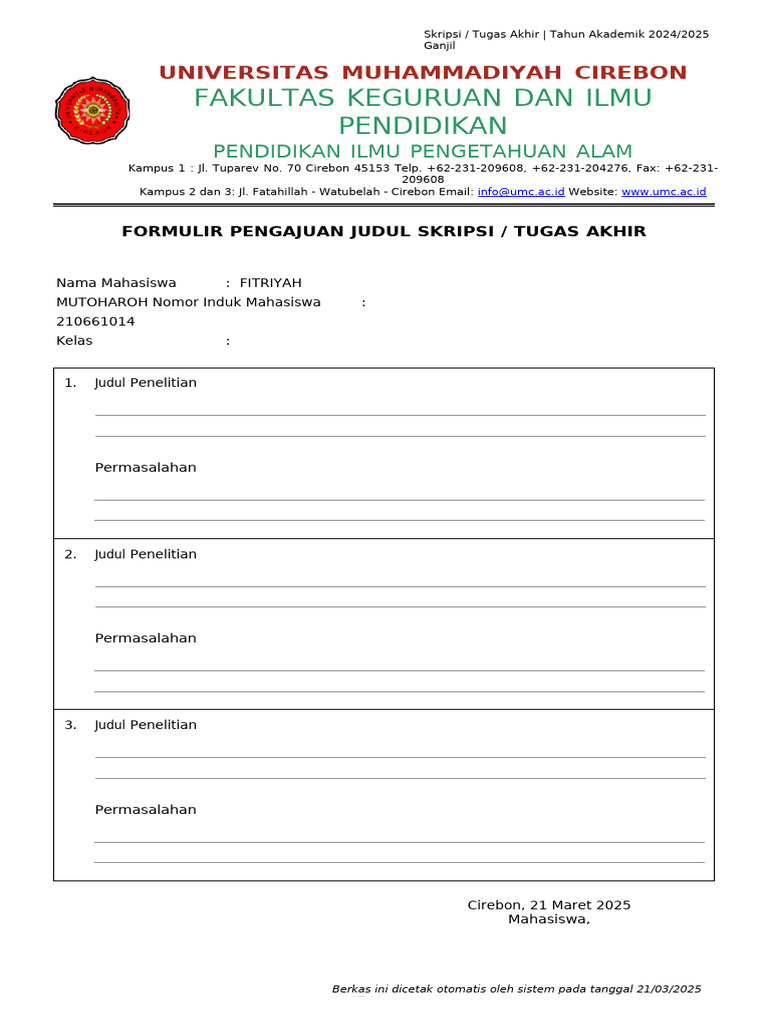Formulir Judul Skripsi UMC 2025 | PDF