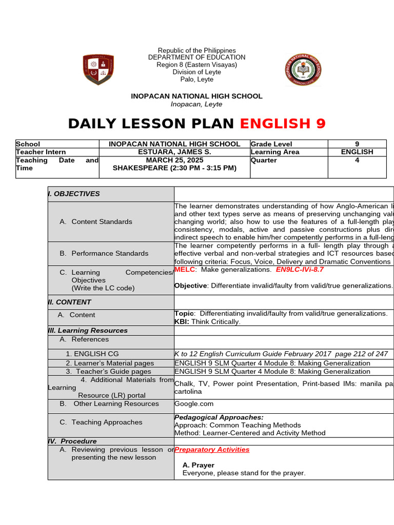 Daily Lesson Plan: English 9 Generalizations | PDF | Learning | Helen Keller