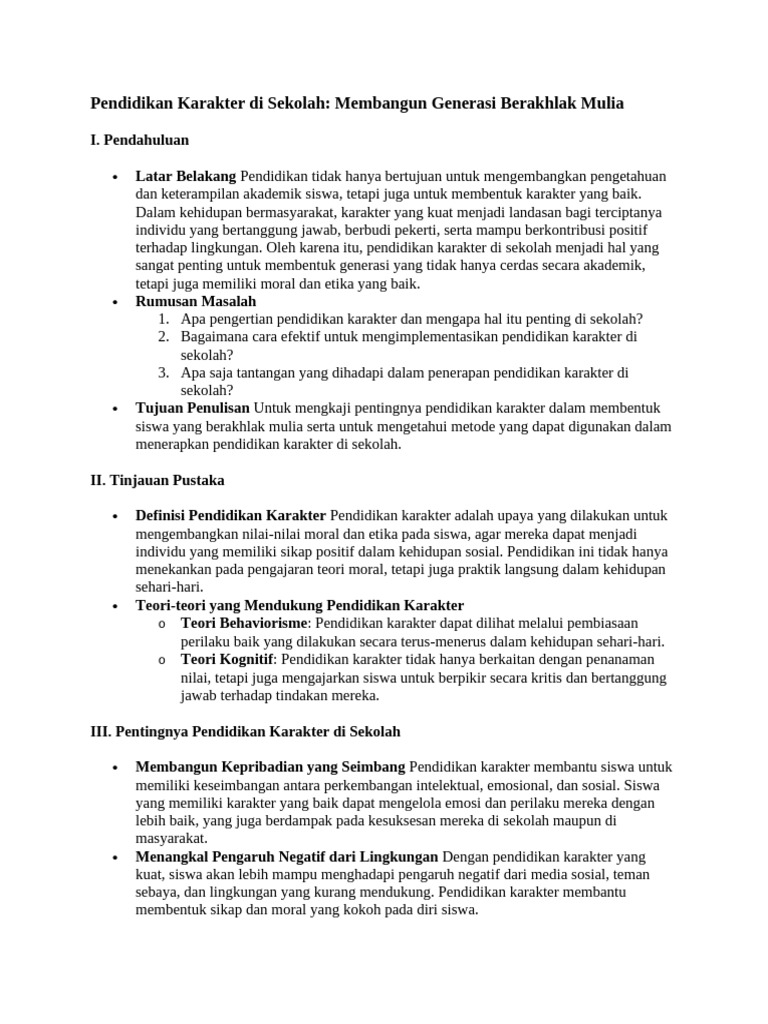 Makalah - Pendidikan Karakter Di Sekolah: Membangun Generasi Berakhlak Mulia | PDF