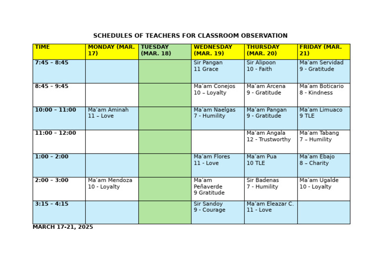 Schedules of Teachers For Classroom Observation | PDF