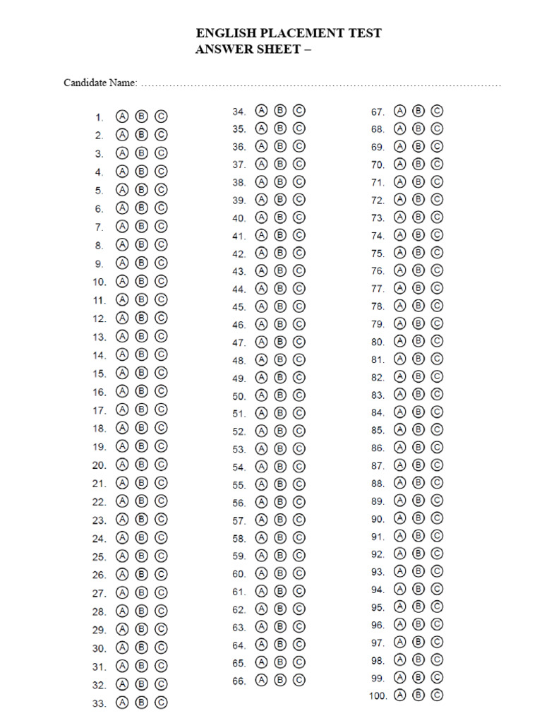 English Placement Test Answer Sheet | PDF