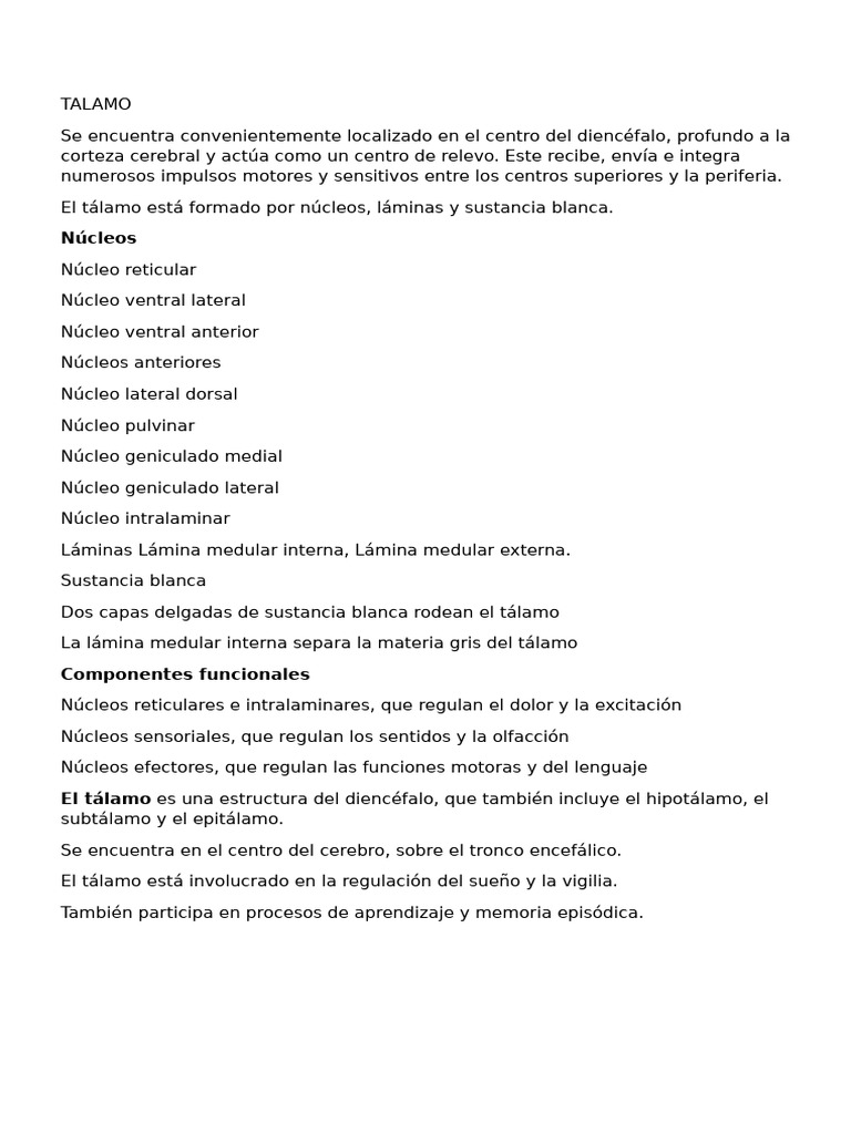 Funciones y Estructura del Tálamo | PDF