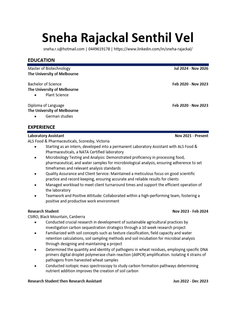 Sneha Rajackal Senthil Vel S Resume - Sneha Rajackal Senthil Vel | PDF | Polymerase Chain ...
