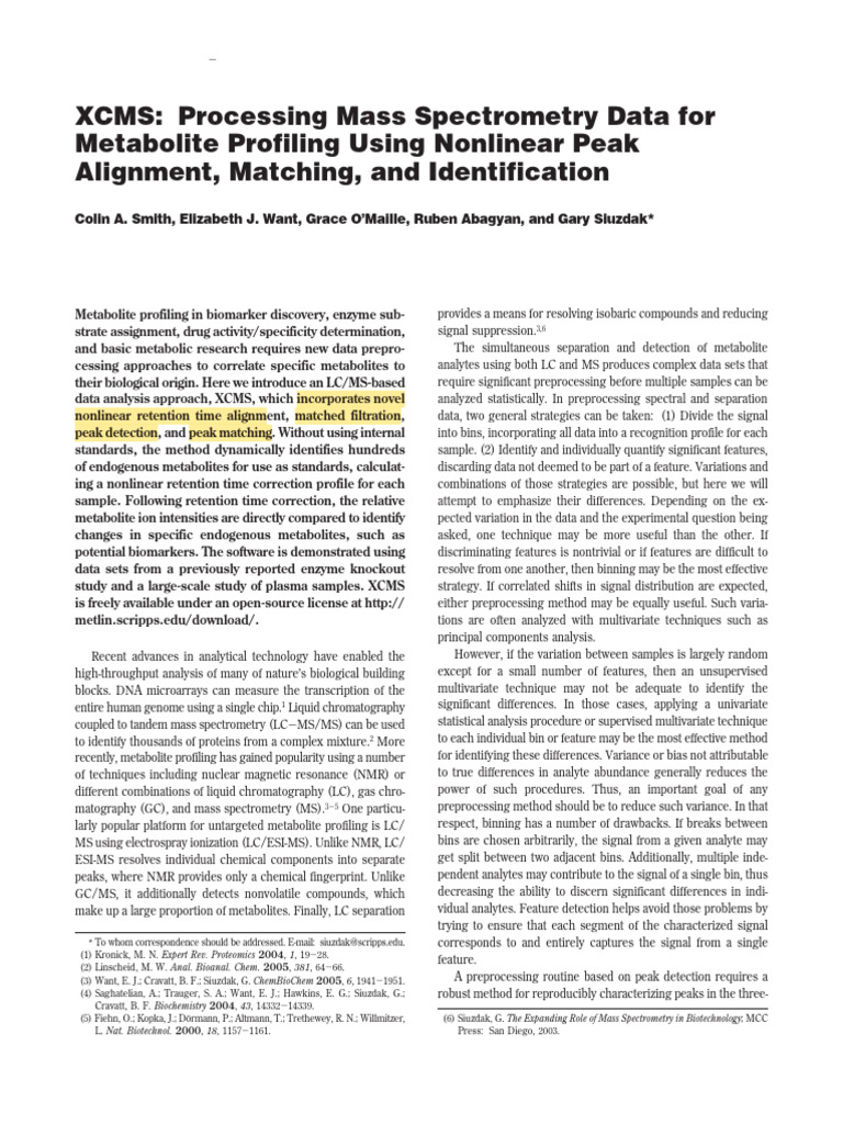 An Chem - 2006 - Xcms-Processing-Mass-Spectrometry-Data-For-Metabolite-Profiling-Using-Nonlinear ...