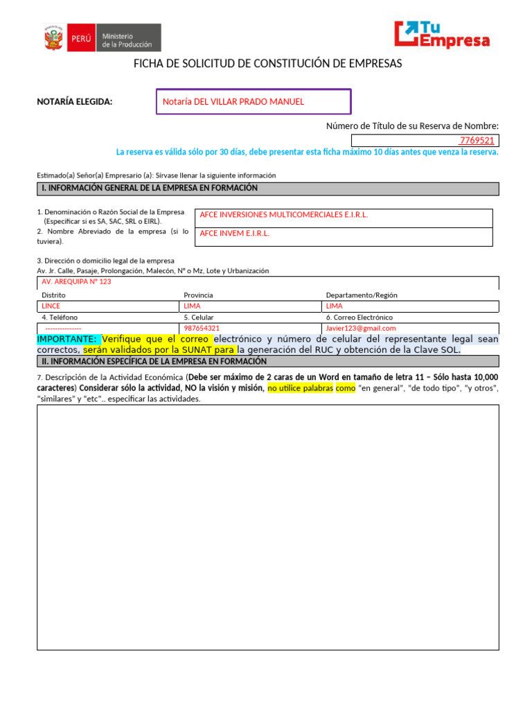 Ficha de Constitución - Eirl 2024 | PDF