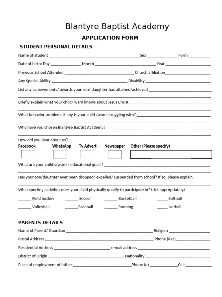 Blantyre Baptist Academy Application Form | PDF | Behavioural Sciences ...