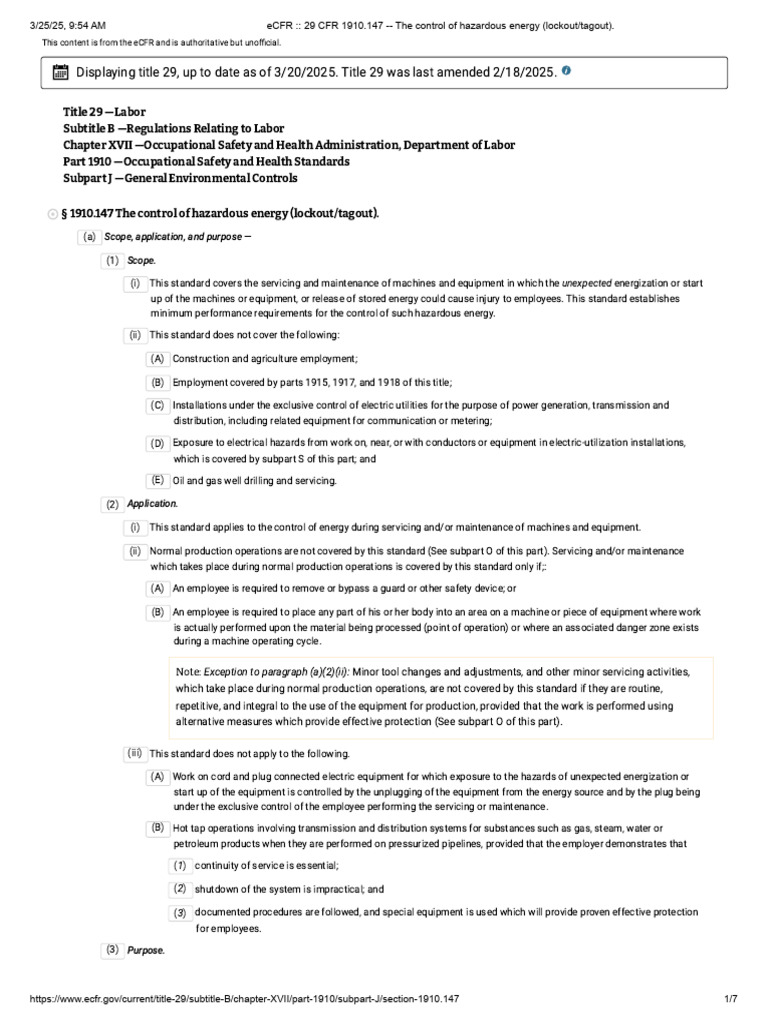 eCFR - 29 CFR 1910.147 - The Control of Hazardous Energy (Lockout ...