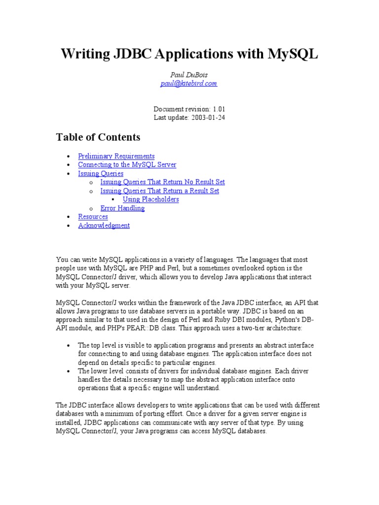 Writing JDBC Applications With MySQL | Download Free PDF | My Sql | Application Programming ...