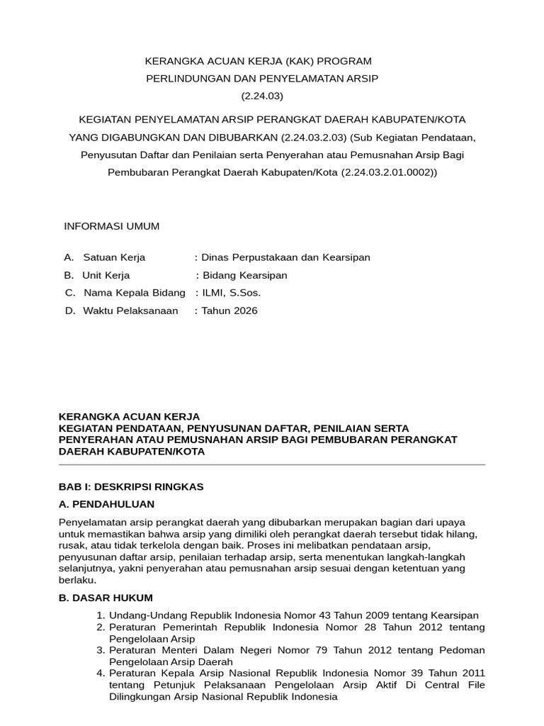 KAK Pemusnahan Arsip Pembubaran Perangkat Daerah | PDF