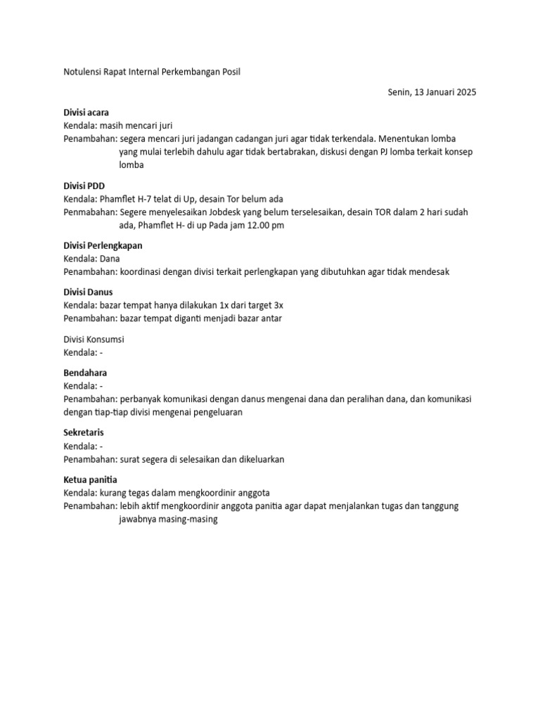 Notulensi Rapat Internal Perkembangan Posil | PDF