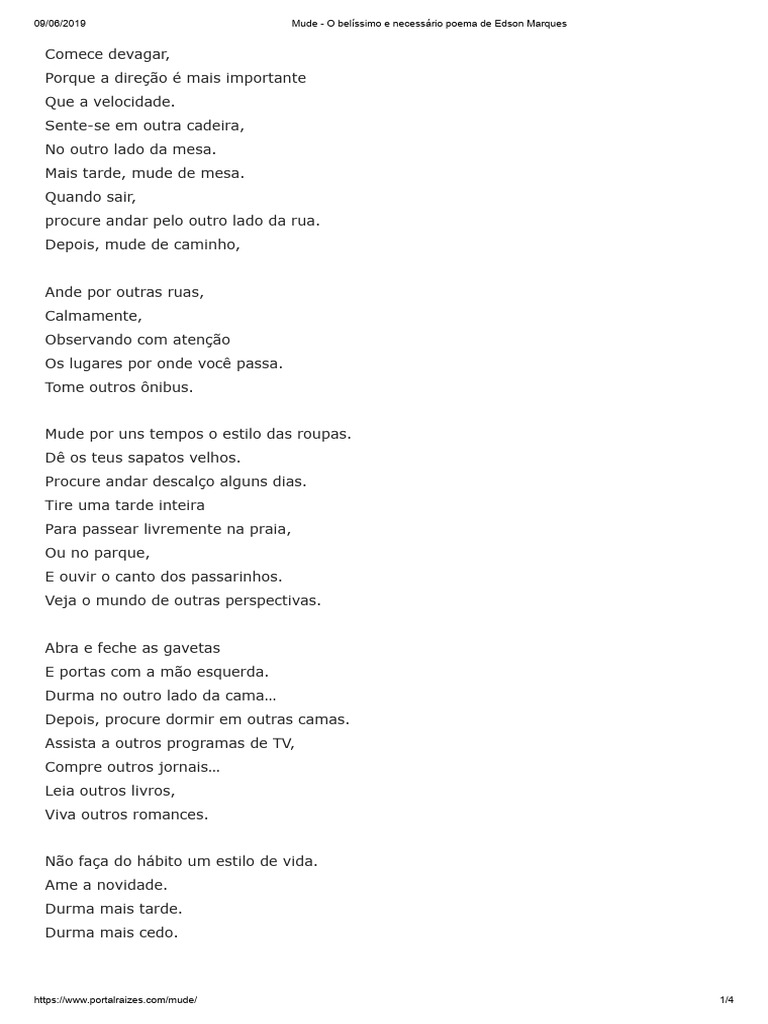 Mude - O Belíssimo e Necessário Poema de Edson Marques | PDF