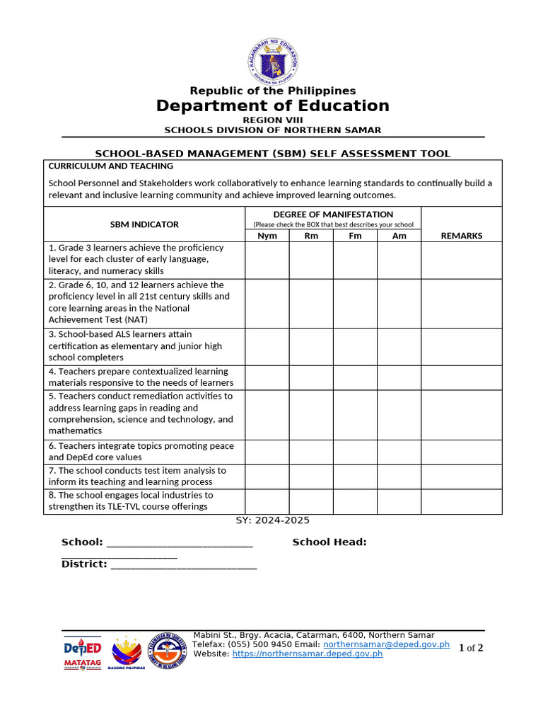 SBM Self Assessment Tool 2024 | PDF | Teachers | Learning