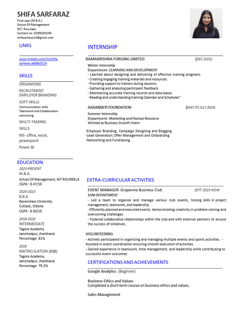 Shifa Sarfaraz: Internship | PDF | Business | Social Psychology