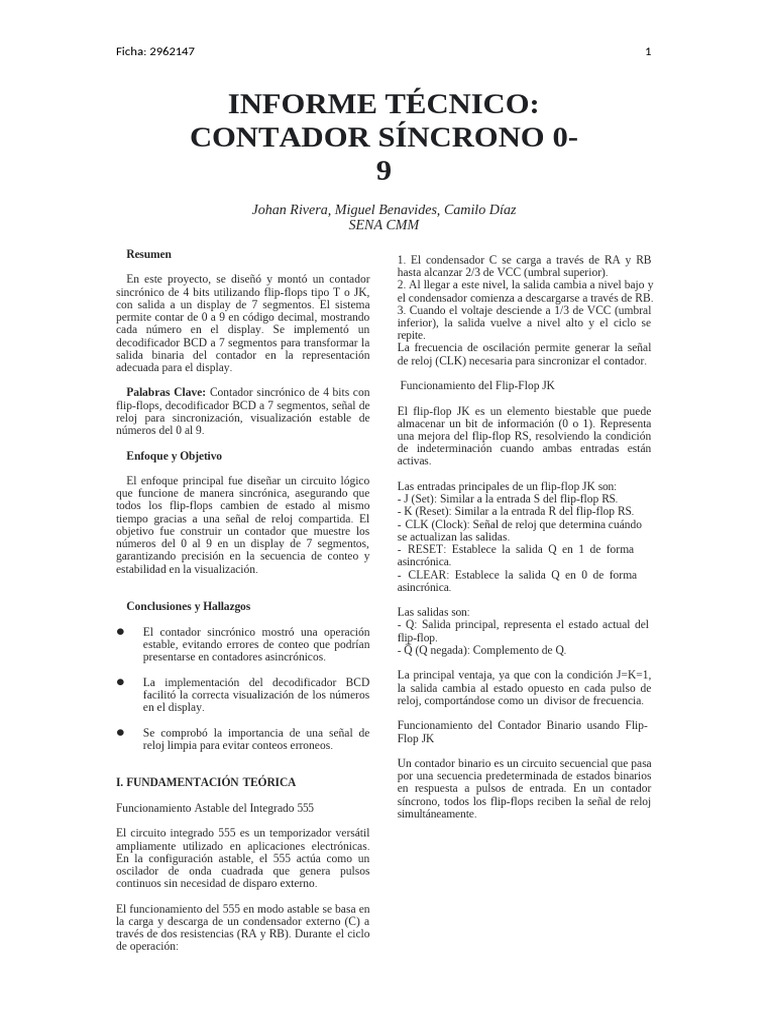 Informe Técnico Contador Síncrono 0-9 Johan Rivera, Miguel Benavides, Camilo Diaz | PDF ...