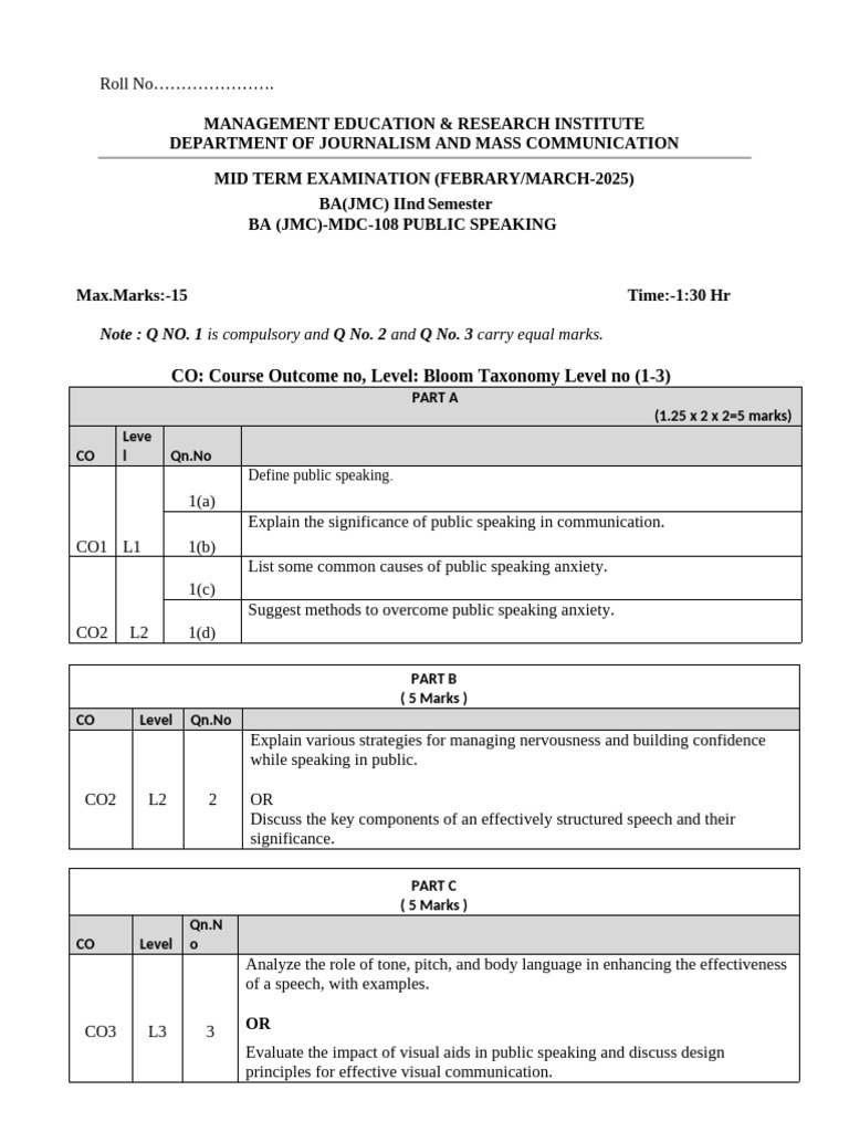 Public Speaking Mid Term QP | PDF
