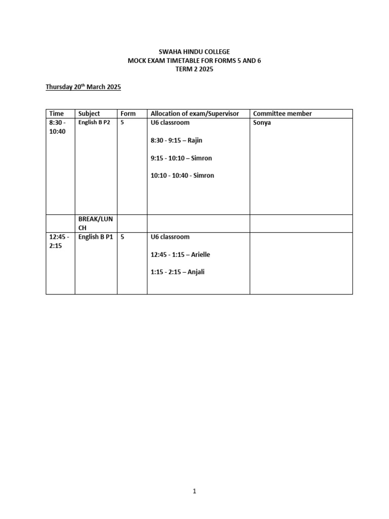 SHC Mock Exam Timetable 2025 - Forms 5 and 6 | PDF | Qualifications ...