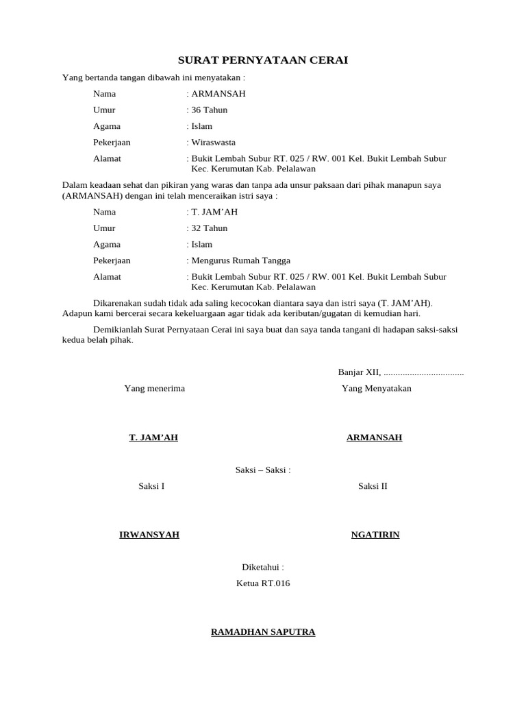 Surat Pernyataan Cerai | PDF