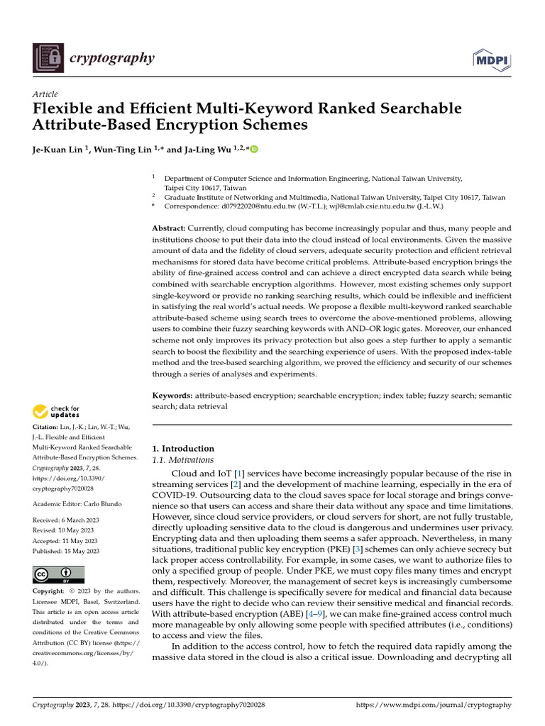 Flexible and Efficient Multi-Keyword Ranked Searchable Attribute-Based Encryption Schemes | PDF ...