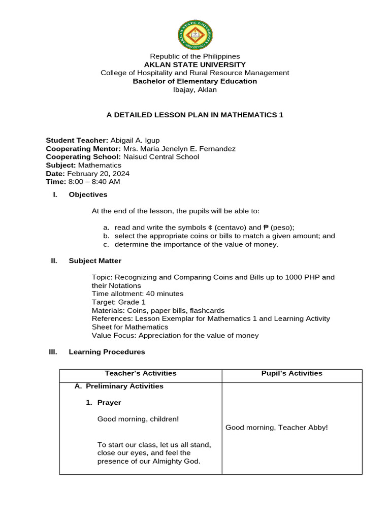 A Detailed Lesson Plan in Mathematics 1 | PDF