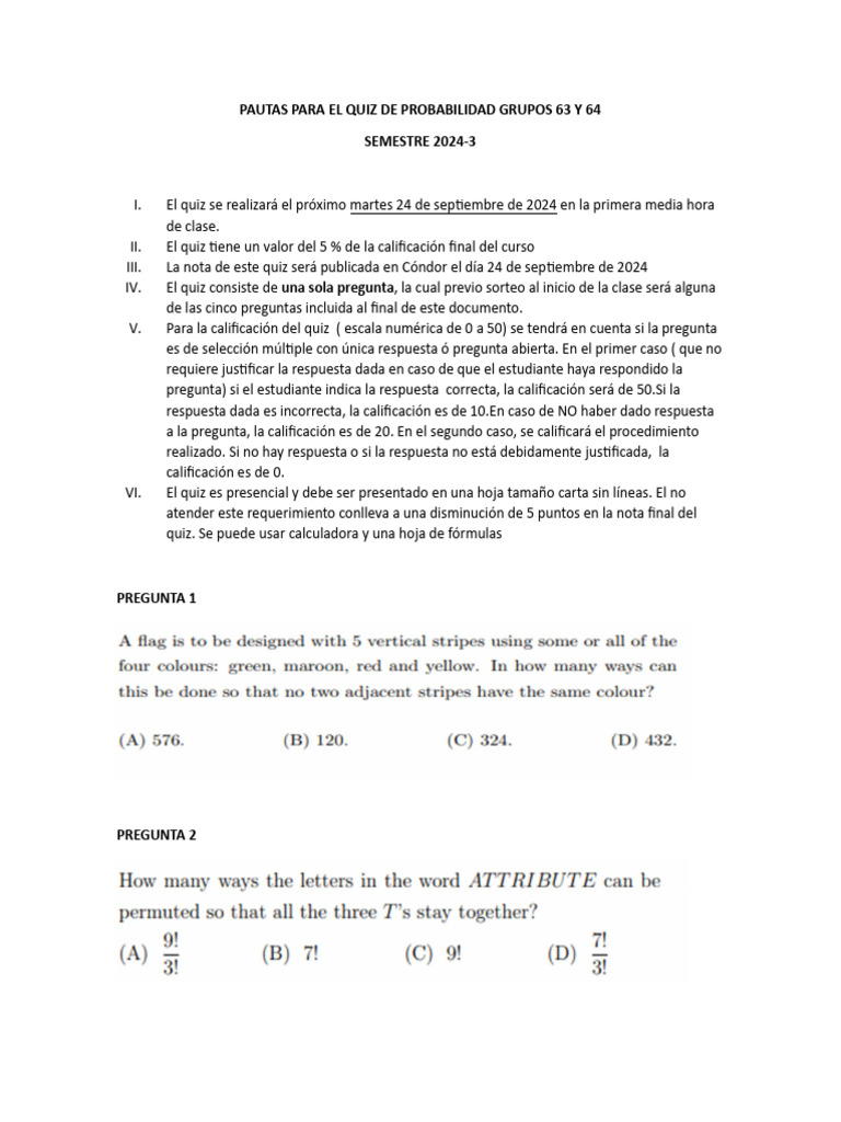 Pautas Quiz 1 Primer Corte Probabilidad Sept 21 de 2024 Grupos 63 y 64 ...