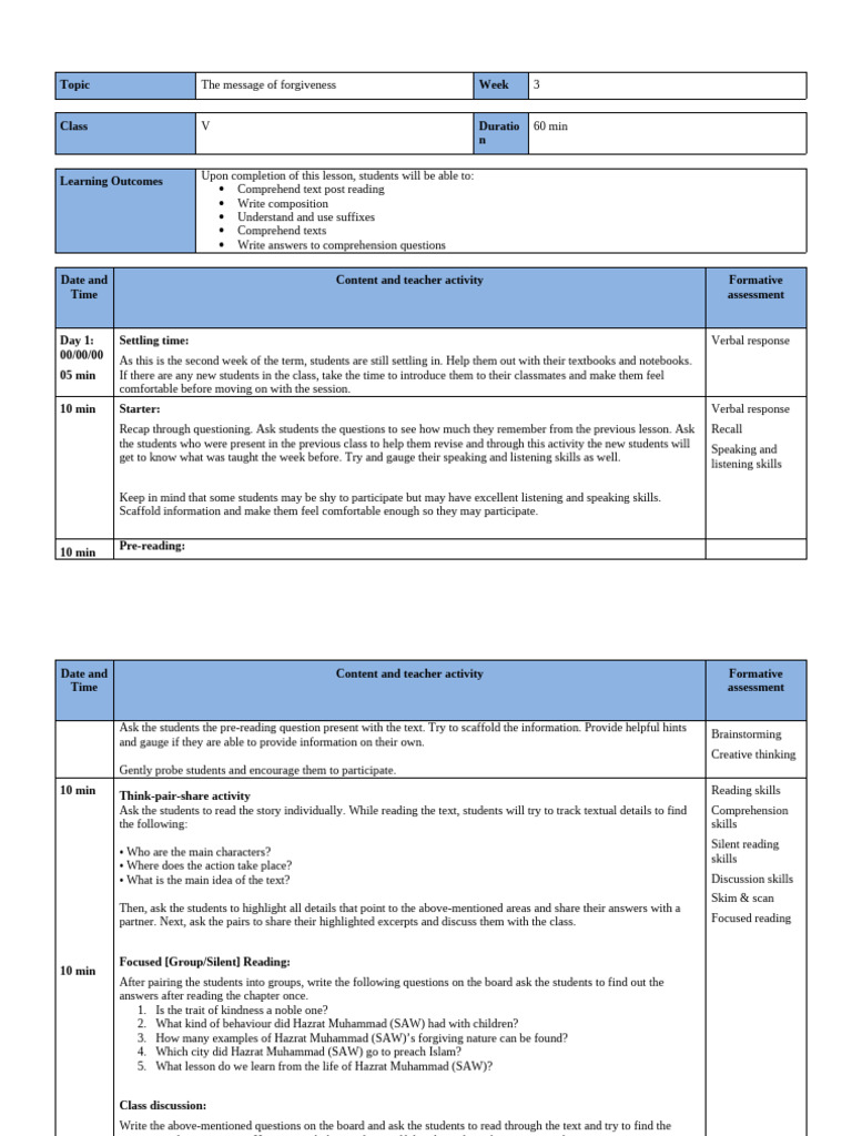 Forgiveness Lesson Plan for Class V | PDF | Reading Comprehension ...