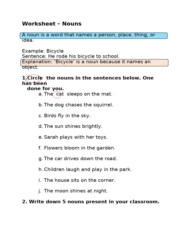 Noun Identification Worksheet | PDF