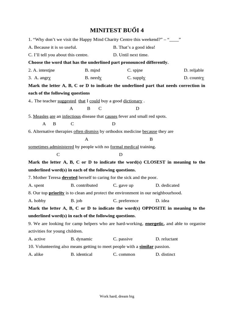 English Mini Test 4: Grammar & Vocabulary | PDF