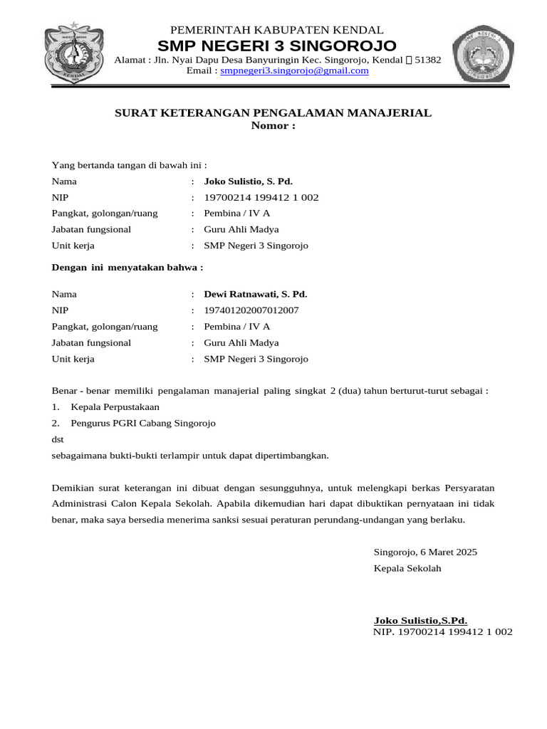Surat Keterangan Pengalaman Manajerial | PDF