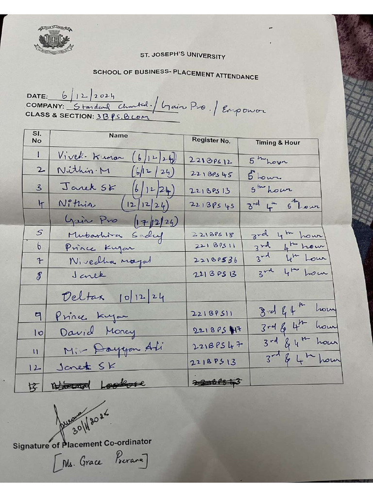 Placements Attendance Sheet | PDF