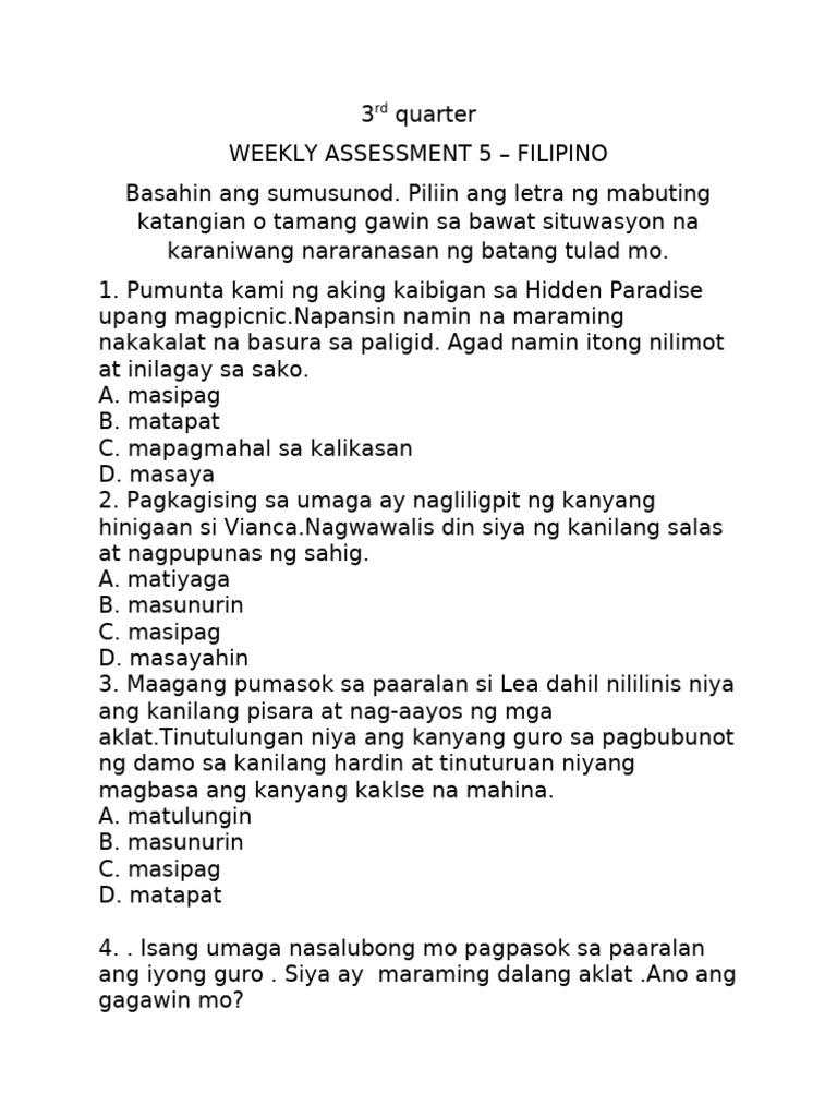 3RD Quarter Weekly Assessment 5 | PDF