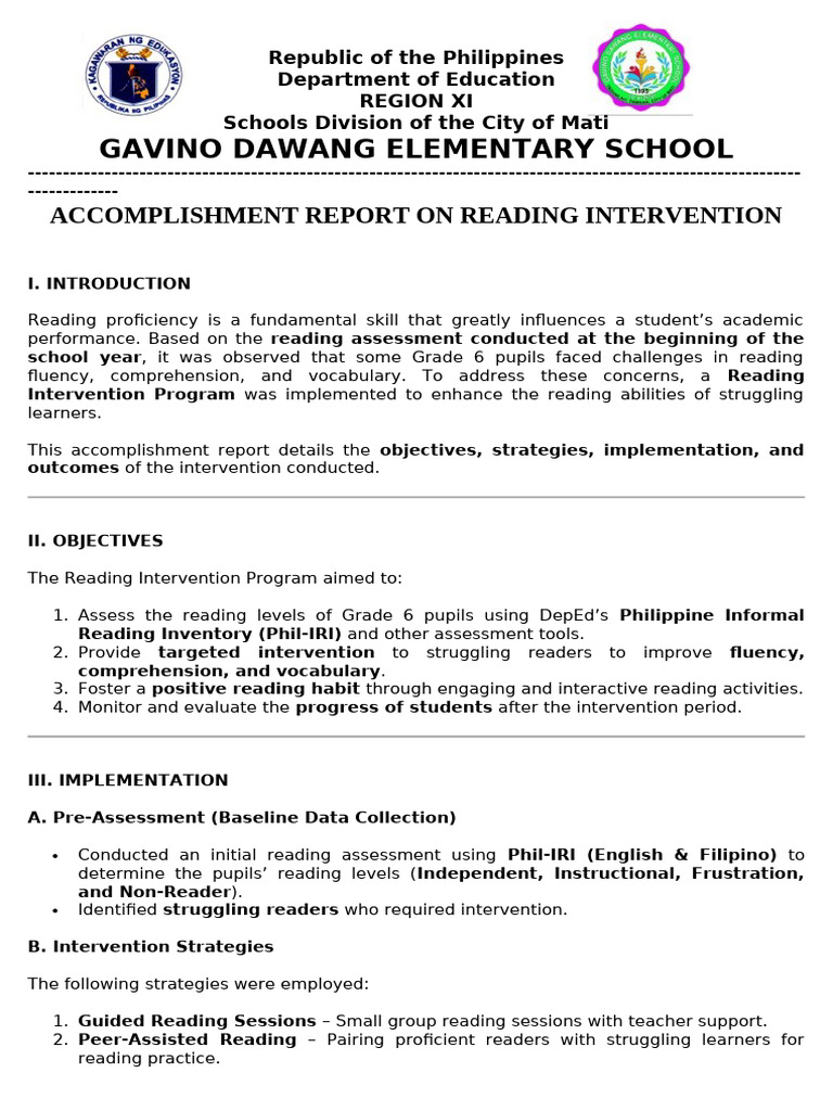 Accomplishment Report On Reading Intervention | PDF | Reading ...