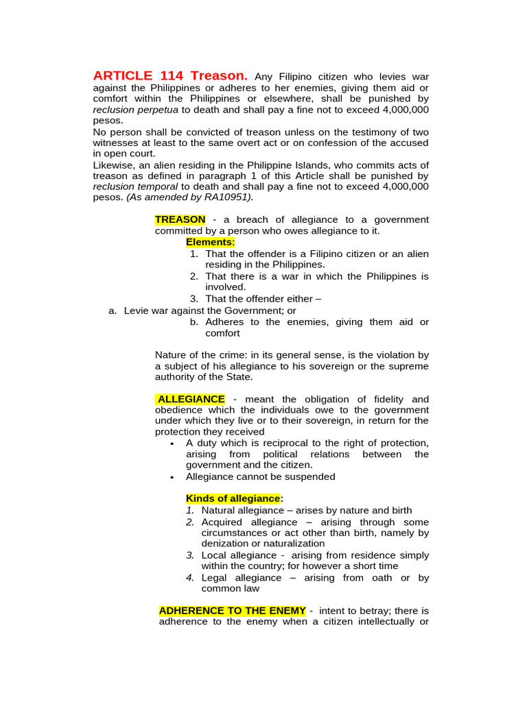 ARTICLE 114 Treason Notes | PDF | Treason | Allegiance