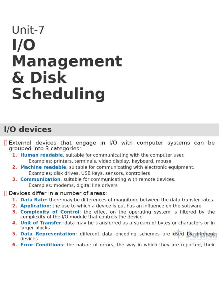 Unit-7 I - o Management and Scheduling | PDF | Input/Output | Operating System