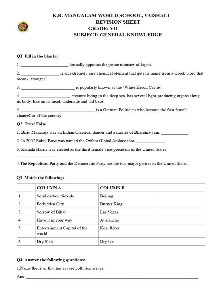 Grade VII General Knowledge Revision Sheet | PDF