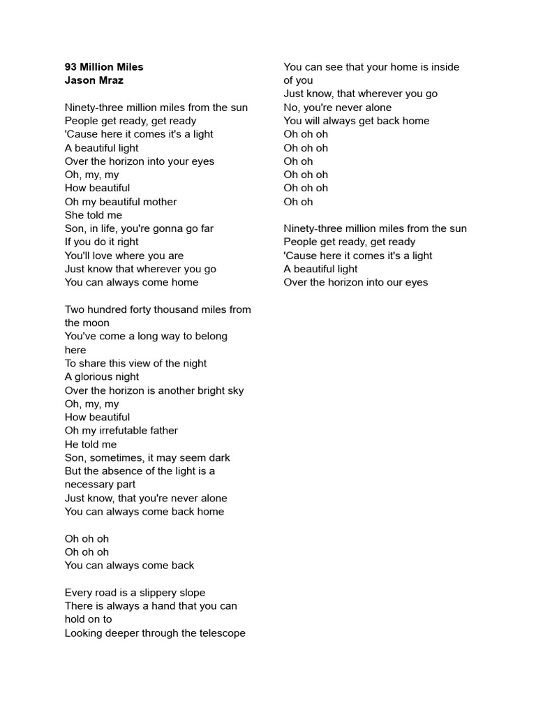 Jason Mraz's "93 Million Miles" Analysis | PDF | Scientific Observation ...