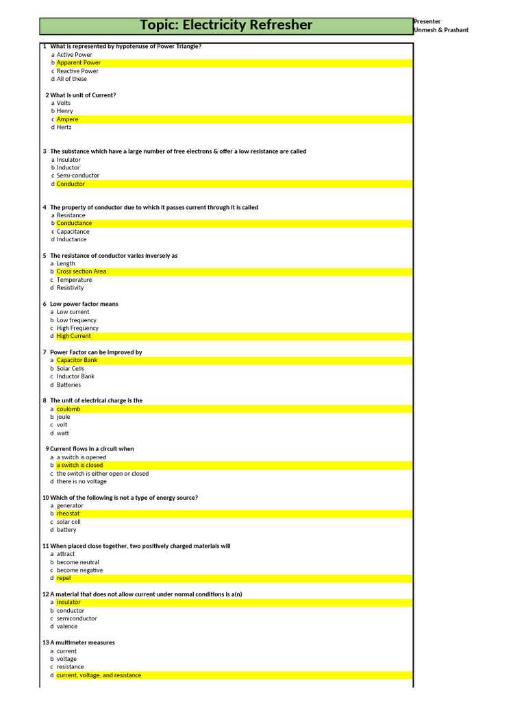 Questionnaire_Electricity Refresher - Copy | PDF | Electric Power ...