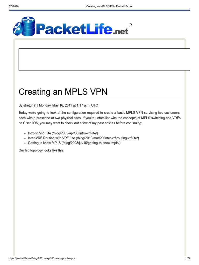 Creating an MPLS VPN - PacketLife.net | PDF | Multiprotocol Label Switching | Networking