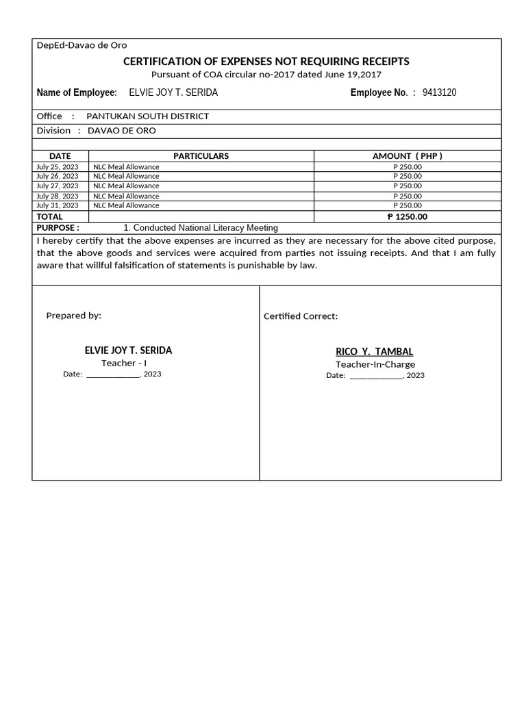 Certification of Non-Receipt Expenses | PDF