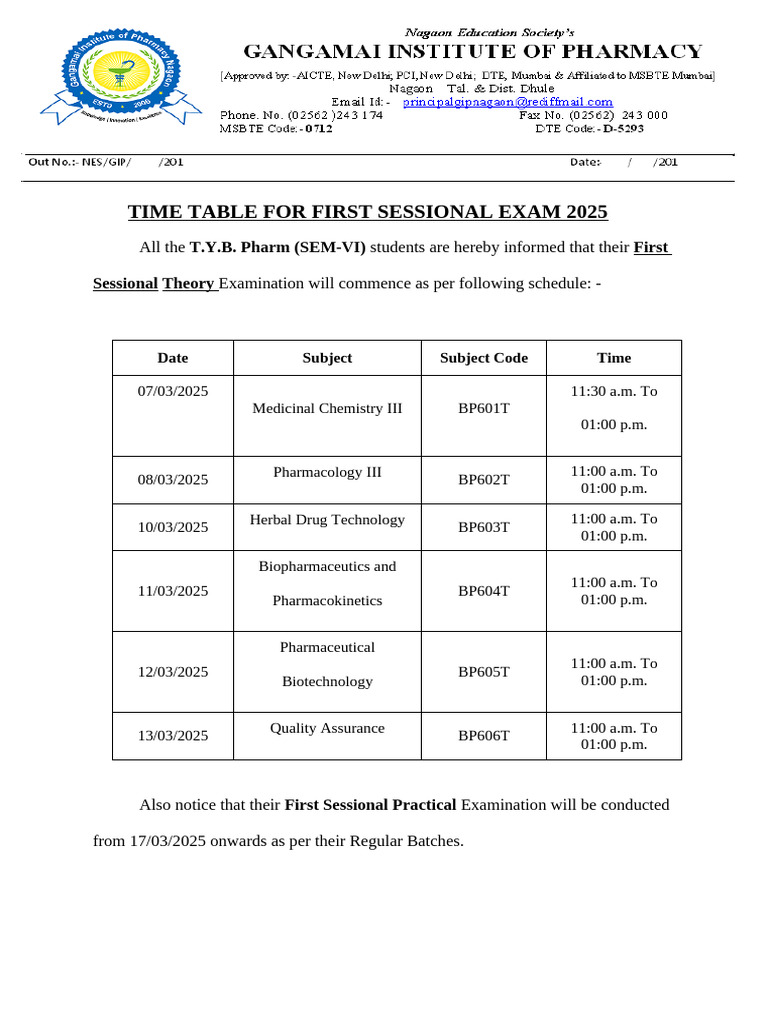 First Sessional Exam Schedule 2025 | PDF | Pharmacognosy | Life Sciences