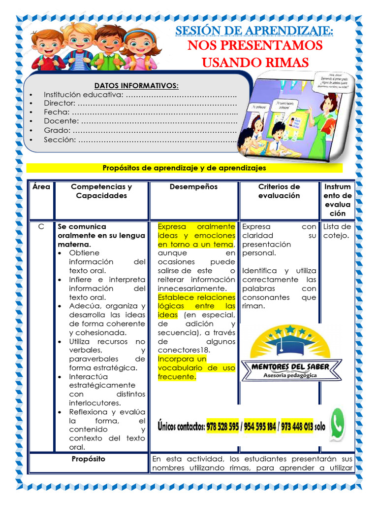 MUESTRA 1° SESIÓN DÍA 1 COM NOS PRESENTAMOS USANDO RIMAS | PDF