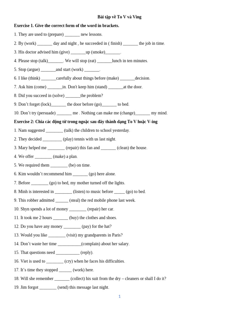 Bài tập về To V và Ving | PDF