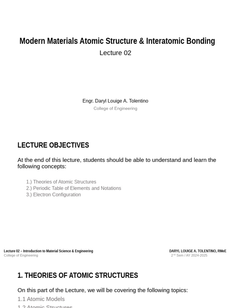 Lecture 02 - Modern Materials Atomic Structure | PDF | Electron Configuration | Atoms