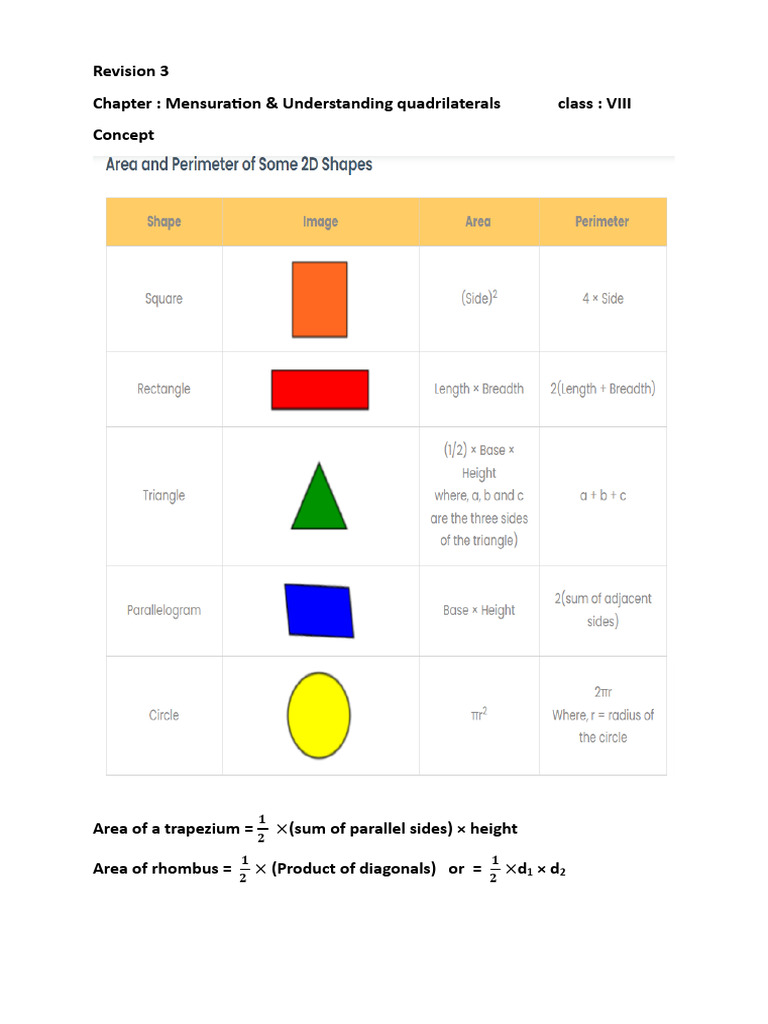 REVISION 3 (Mensuration & Understanding quadrilaterals | PDF | Area ...