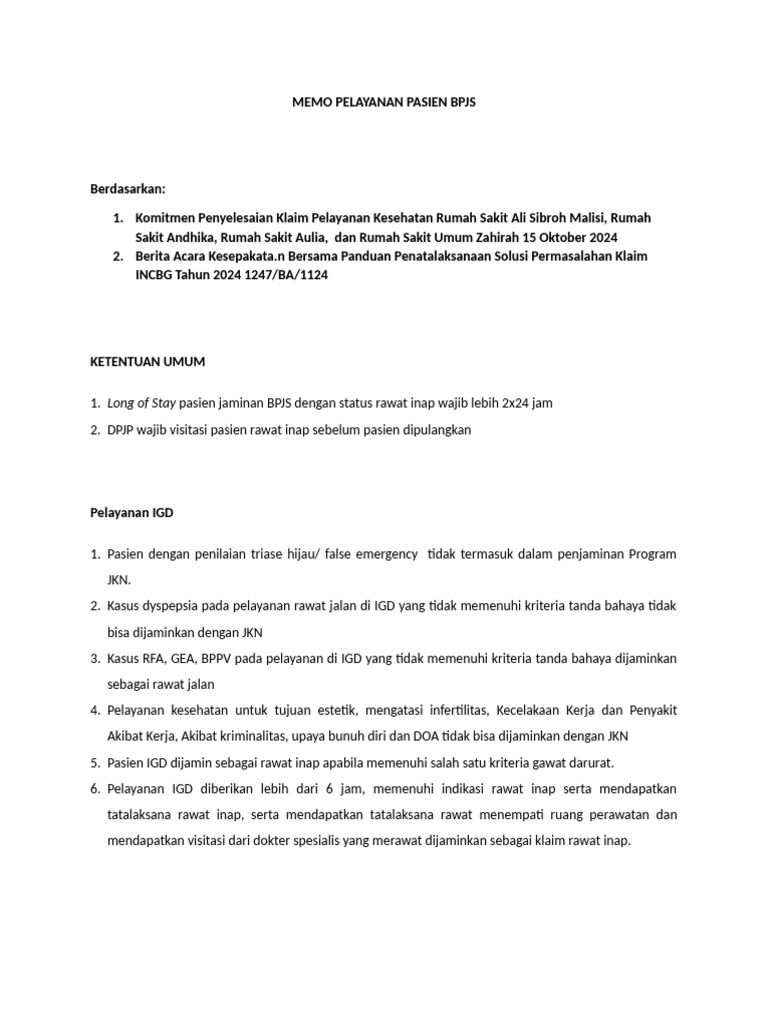 Memo Pelayanan Pasien Bpjs Fix | PDF