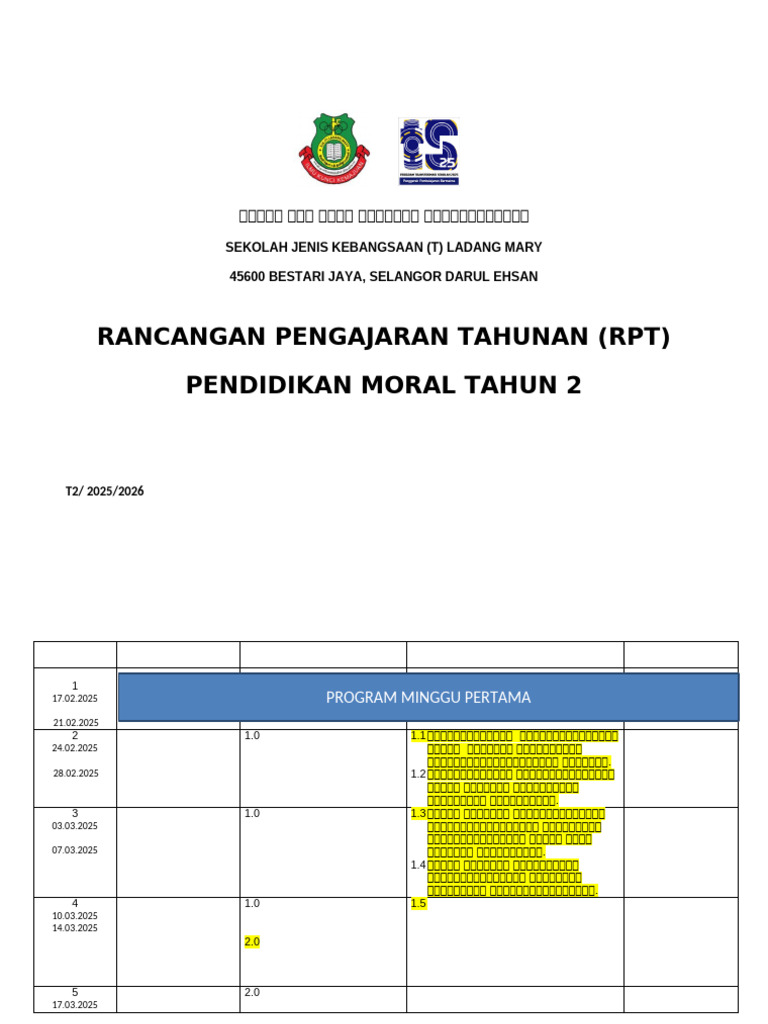 RPT Moral Tahun 2 | PDF