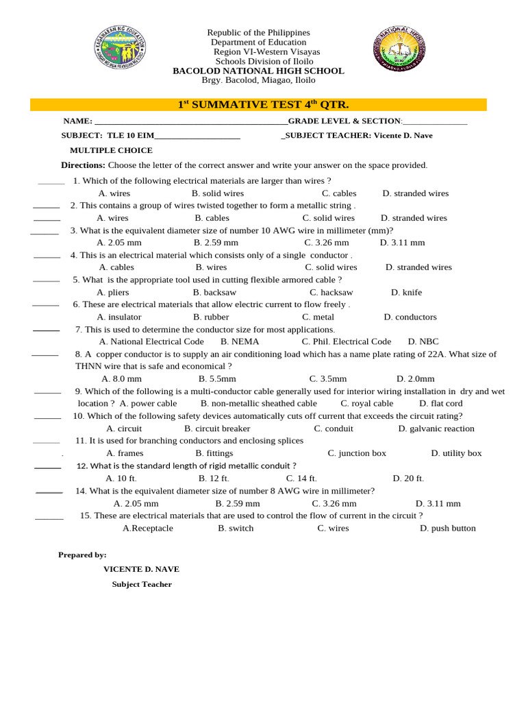 1st Summ Test Tle 10 Eim 4th Qtr. | PDF | Electrical Wiring | Wire