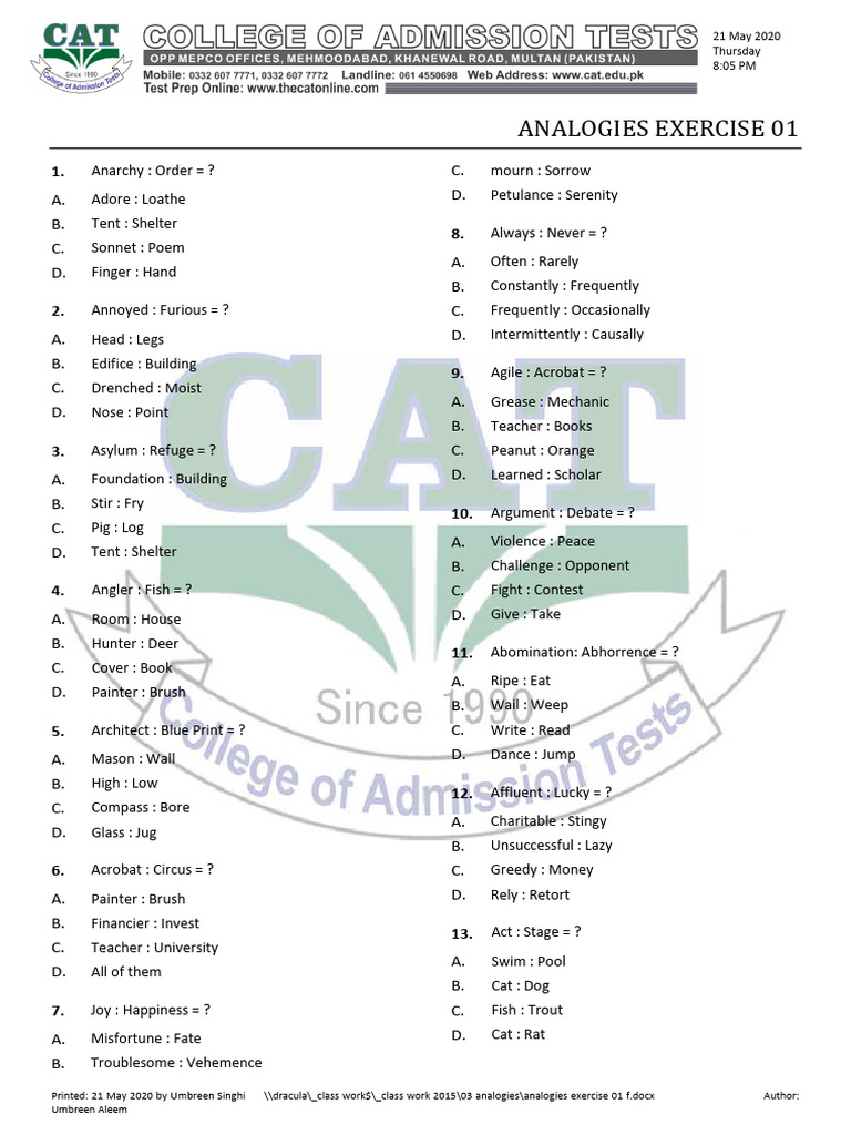 2. Analogies Exercise 01 F | PDF