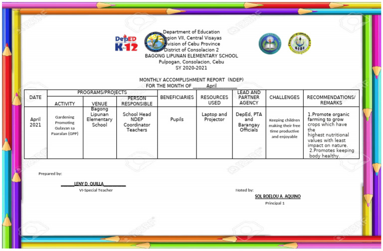 April NDEP Monthly Accomplishment Report | PDF | Philippines