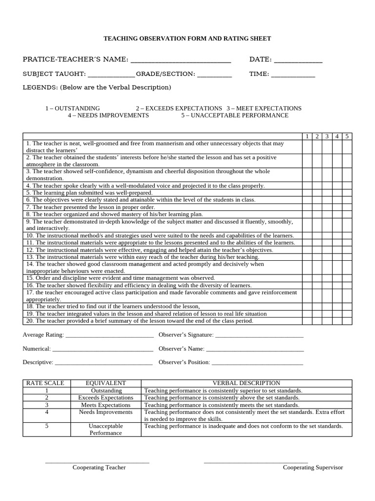 Teaching Observation Form and Rating Sheet | PDF | Teachers | Learning